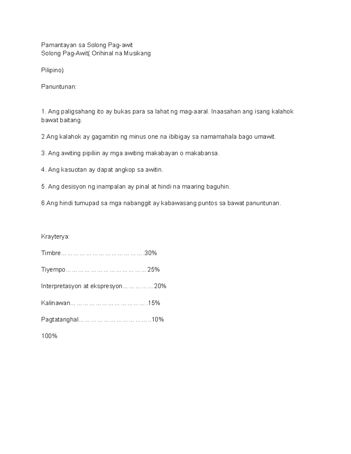 Mekaniks sa Awit - Pamantayan para sa Solong Pag-awit - Studocu