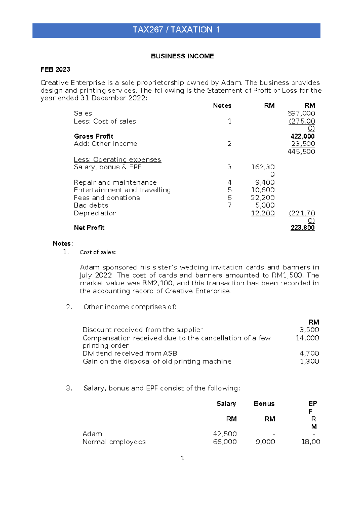 TAX267 BUSINESS INCOME TUTORIAL Q - FEB 2023 Analysis - Studocu
