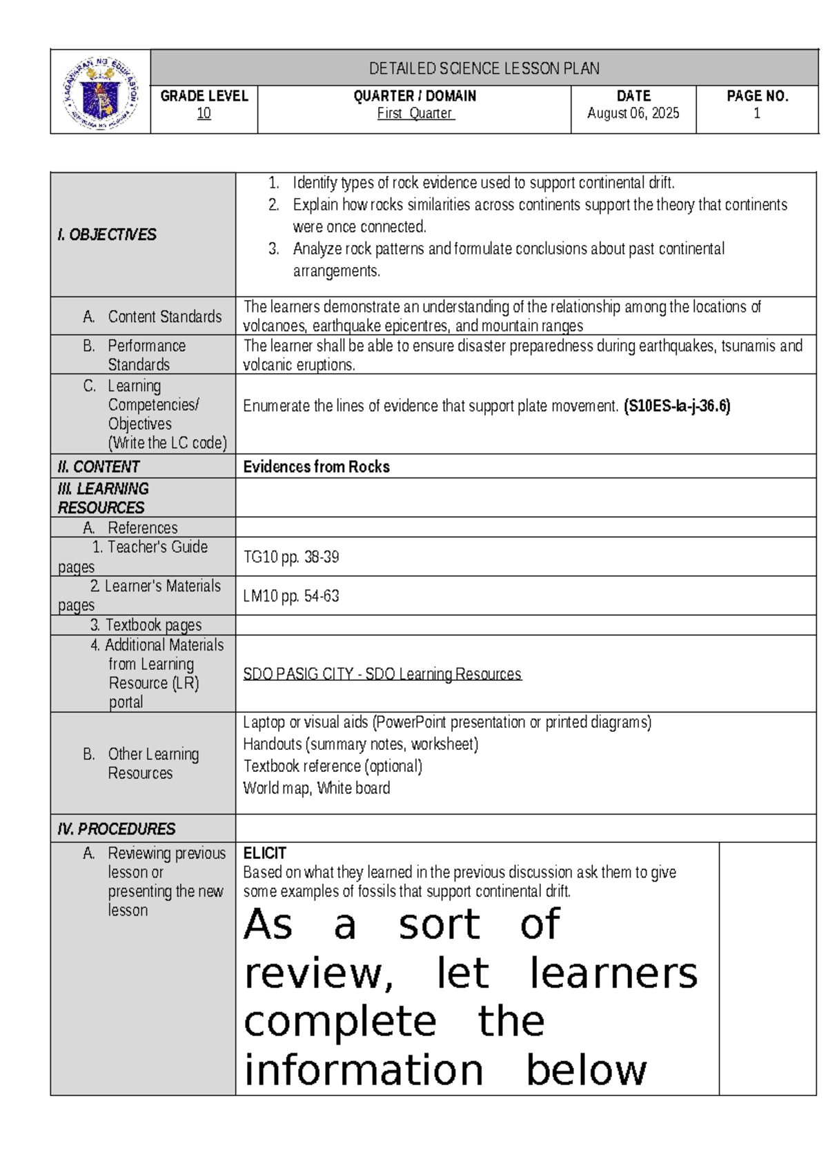 Detailed Science Lesson Plan for Grade 10: Continental Drift Evidence ...