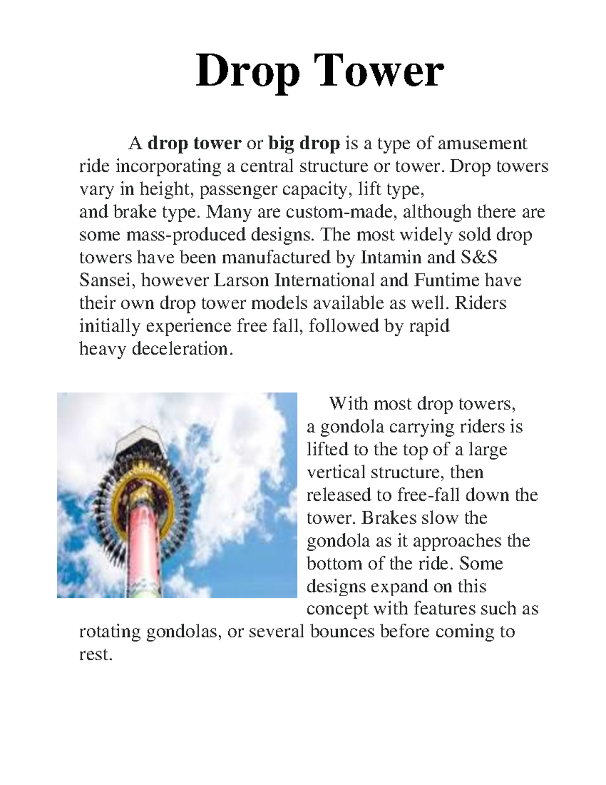 Drop Tower - Drop towers vary in height, passenger capacity, lift type ...