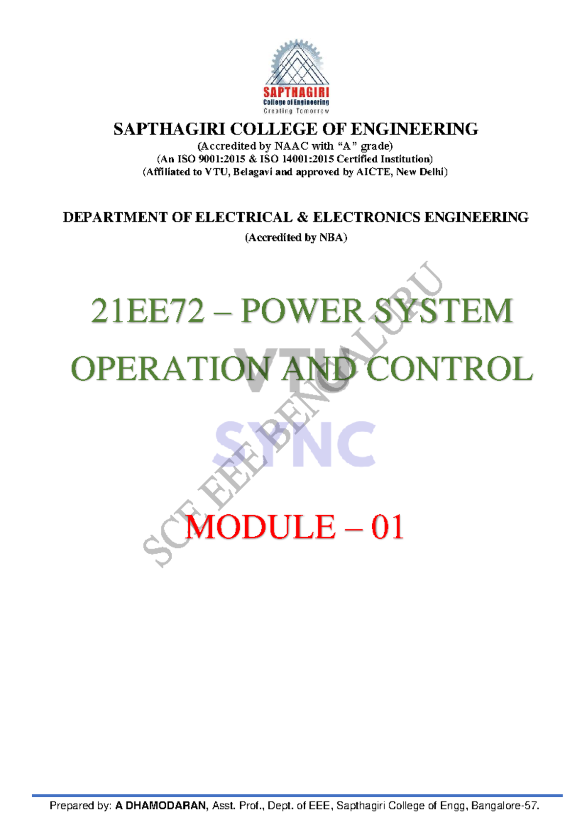 21EE72 Power System Operation and Control - Module 01 Notes - Studocu