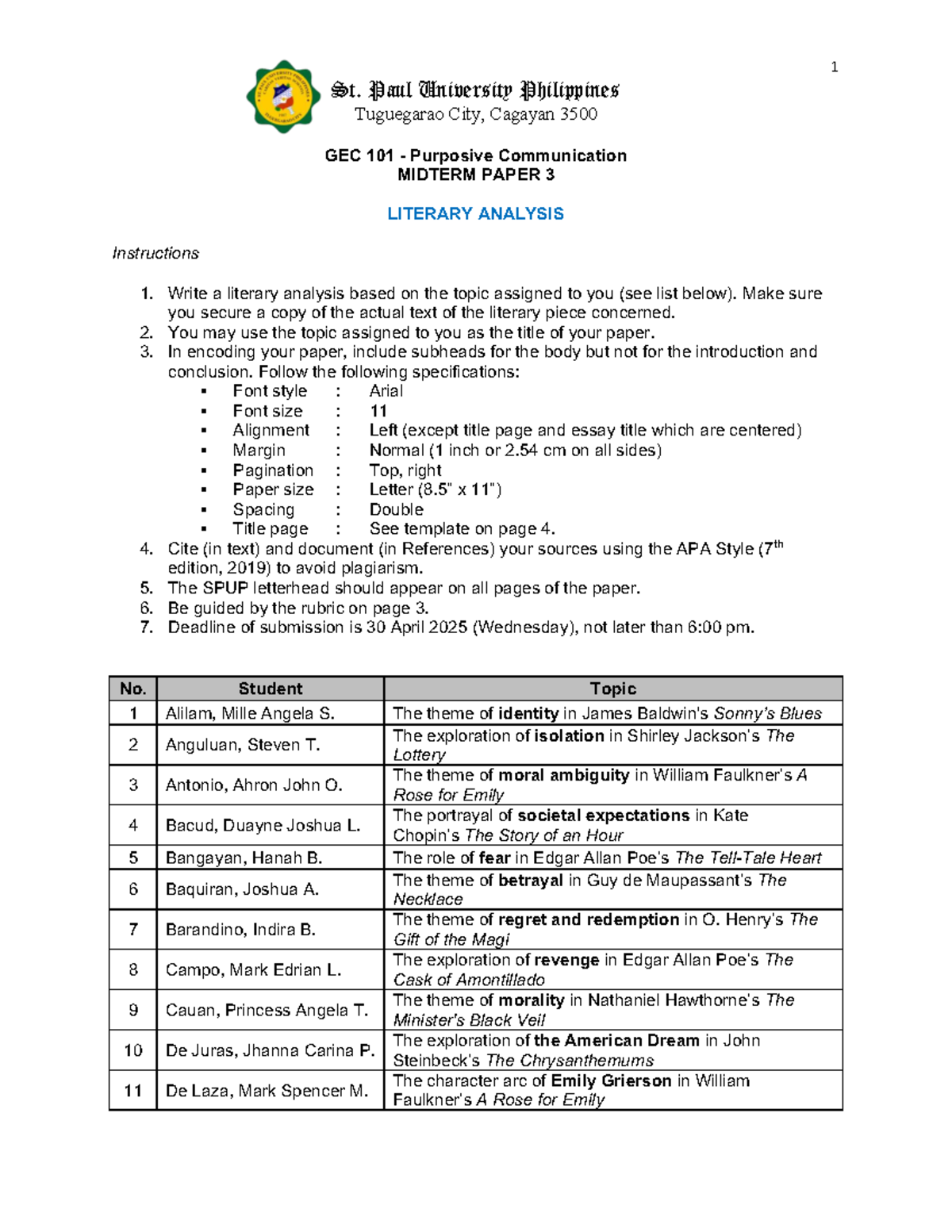 GEC 101 Purposive Communication Midterm Literary Analysis Guide - Studocu