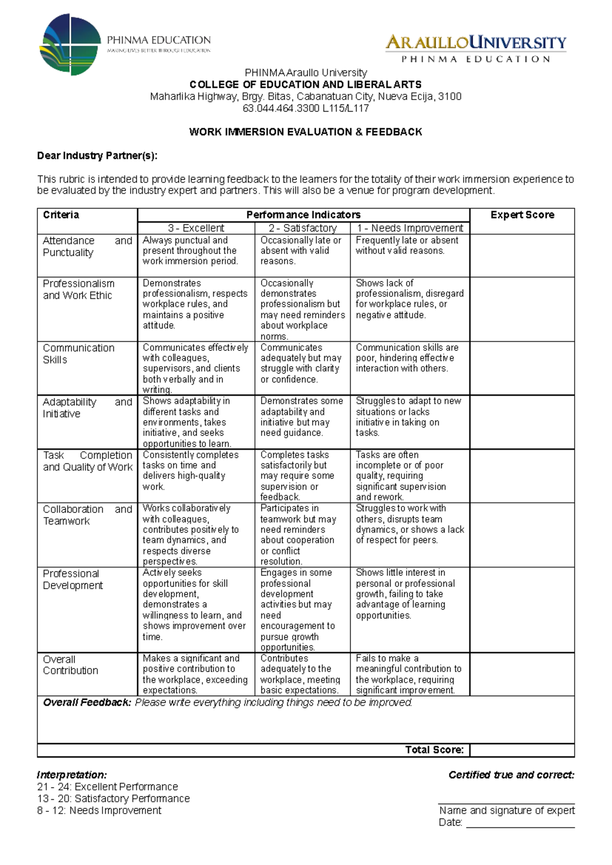 Work Immersion Evaluation Rubric - PHINMA Araullo University - Studocu