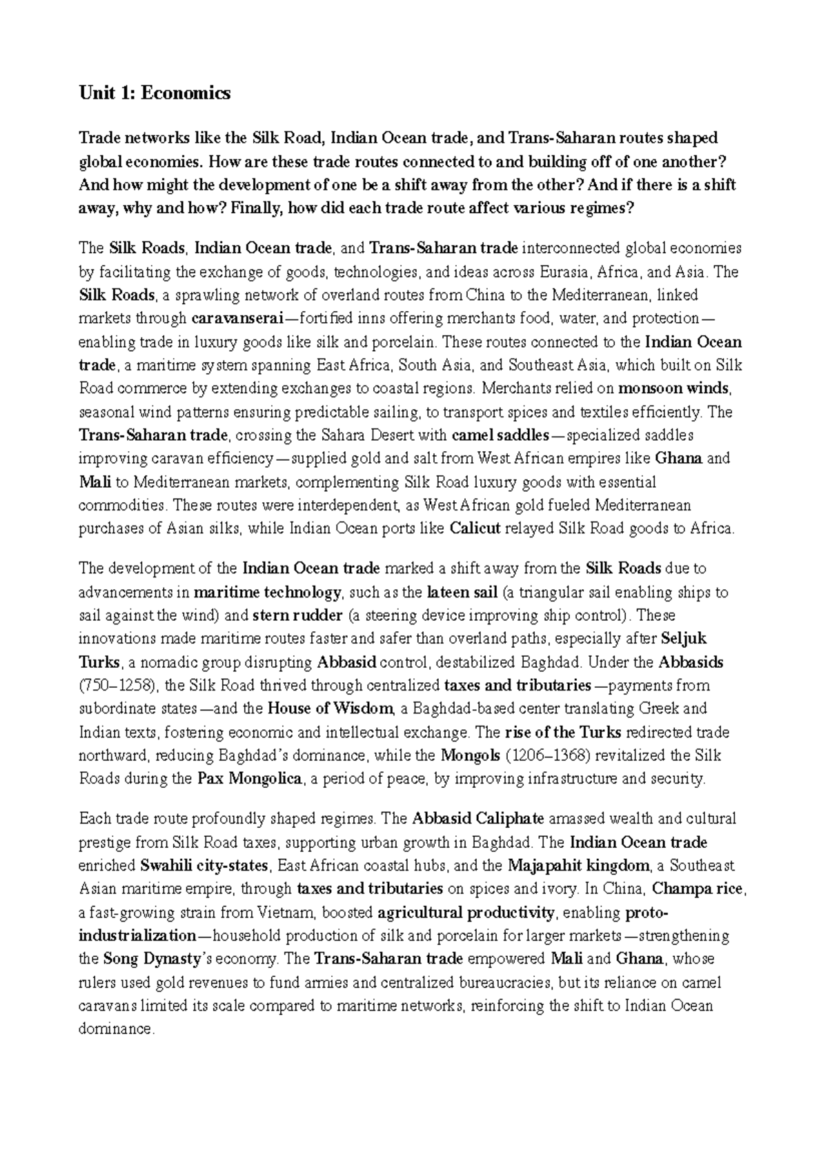 Unit 1: Economics and Culture of Trade Networks in Global History - Studocu