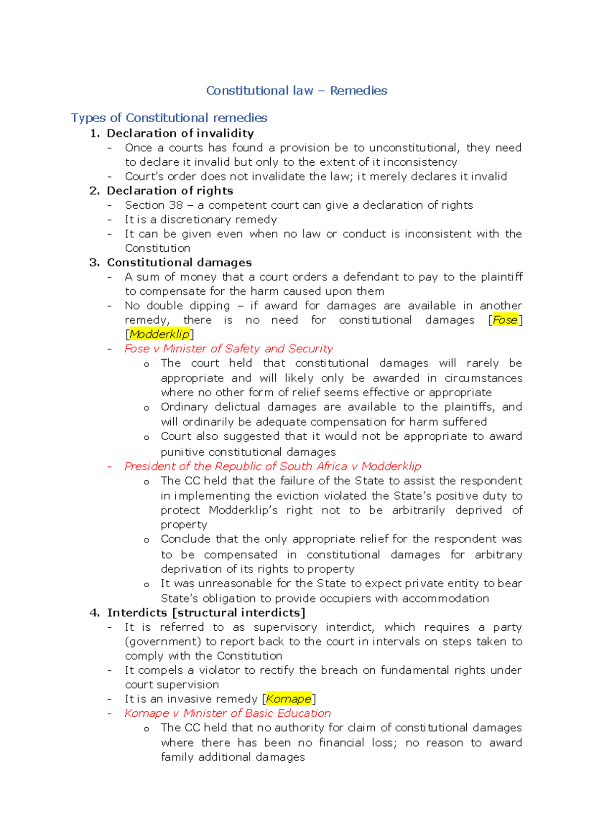 Constitutional Law - Remedies Overview and Types Explained - Studocu