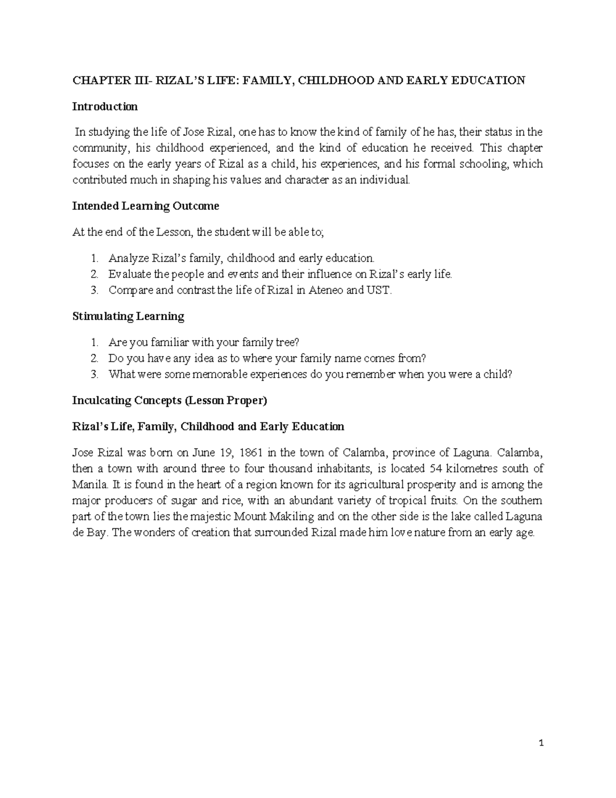 GEC-9 Module-3 Student-Copy - CHAPTER III- RIZAL’S LIFE: FAMILY, CHILDHOOD AND EARLY EDUCATION ...