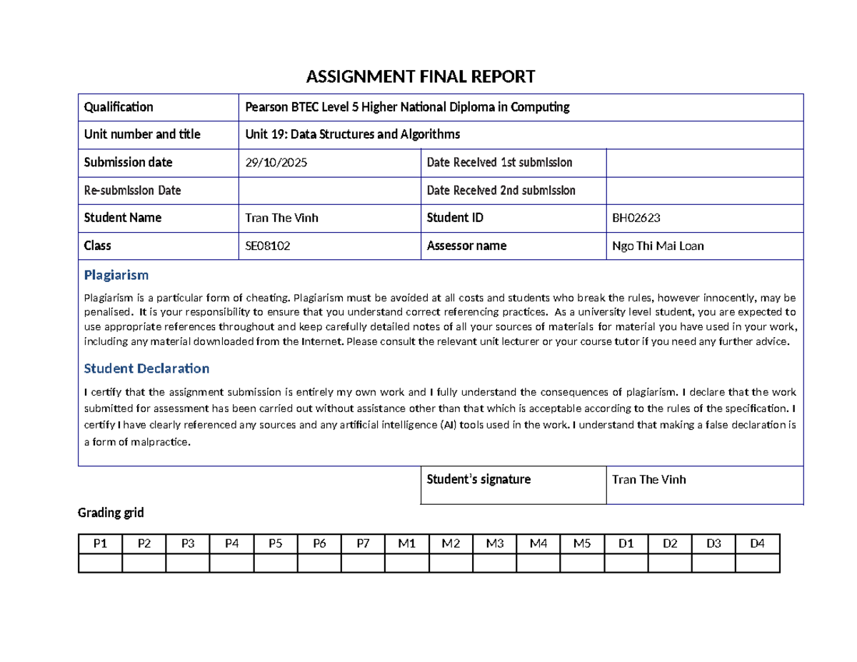 Unit 19: Data Structures & Algorithms Final Report - BTEC Level 5 - Studocu