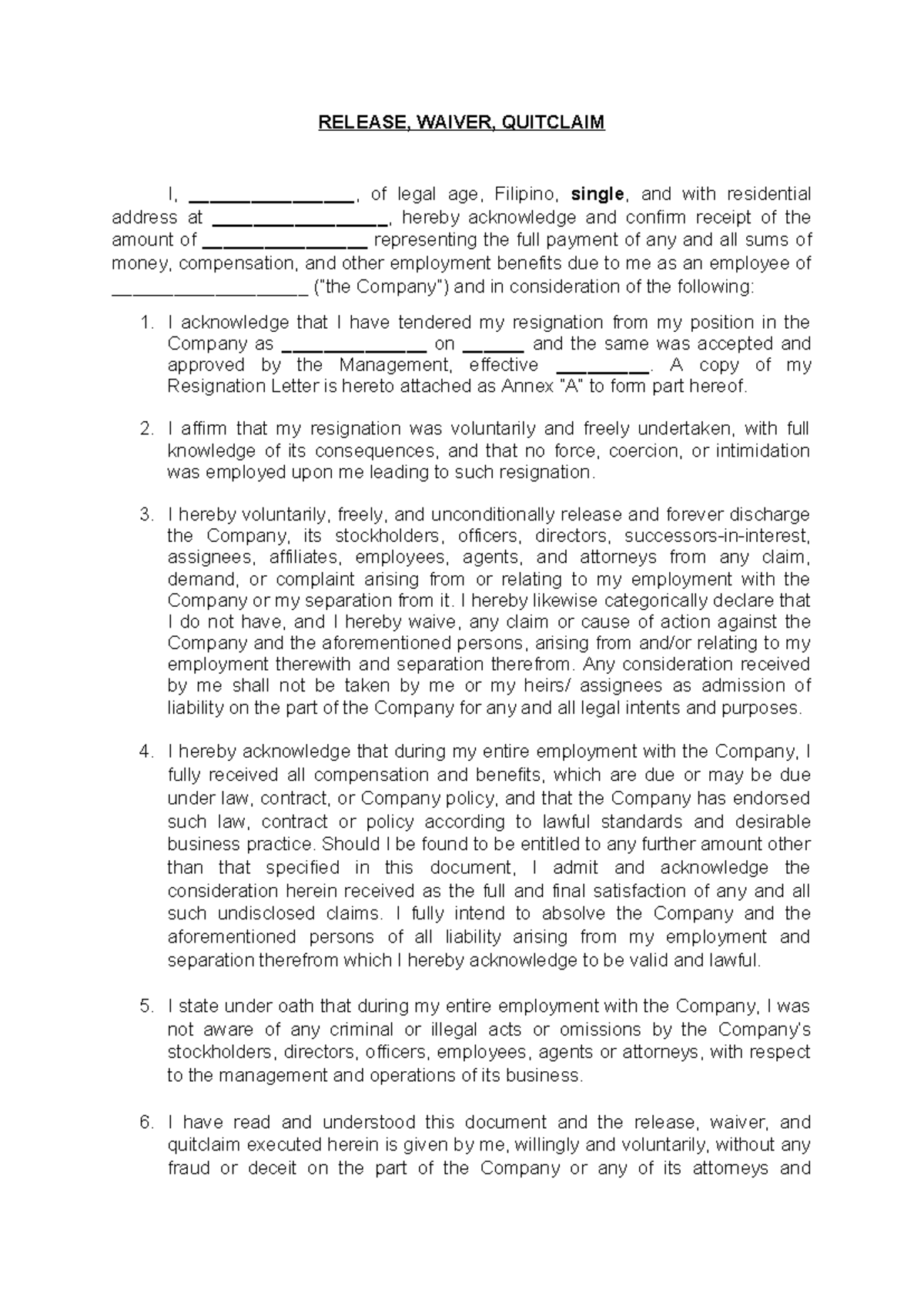 Sample Template for Release, Waiver, Quitclaim Document - Studocu