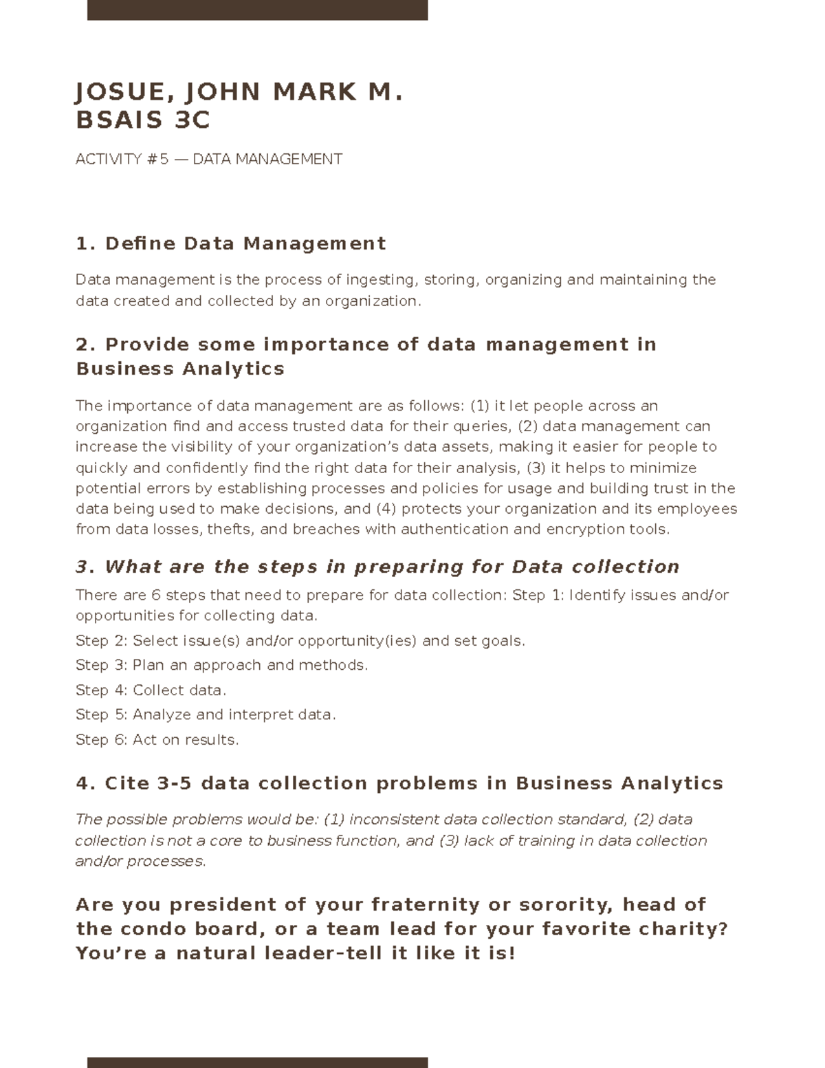 Activity #5 — Data Management - JOSUE, JOHN MARK M. BSAIS 3C ACTIVITY ...