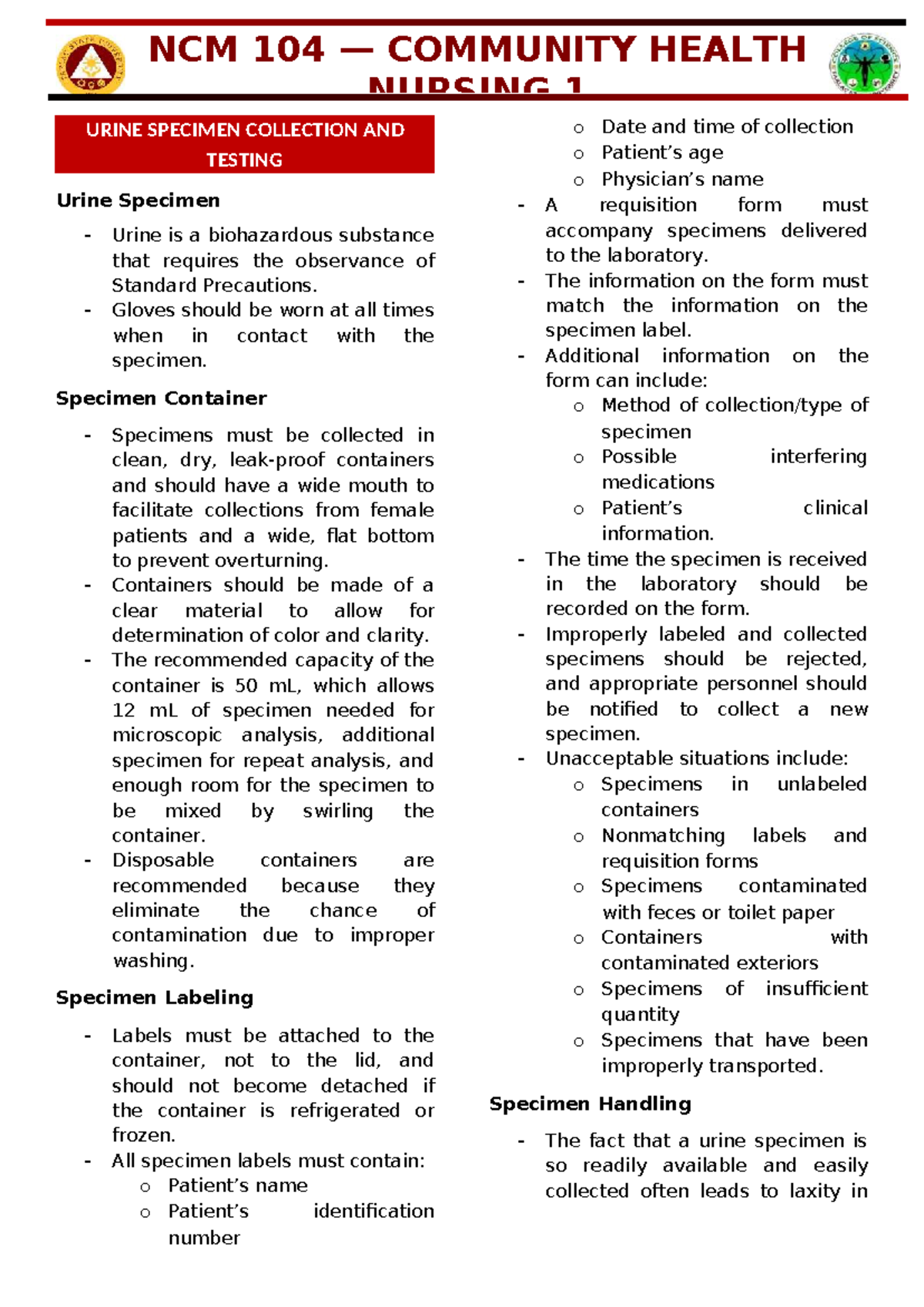 A4 NCM 104 - CHN - Urine Specimen Collection & Testing Guide - Studocu
