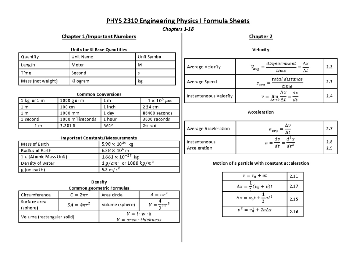 PHYS 2310 Engineering Physics I: Formula Sheets Ch. 1-18 - Studocu