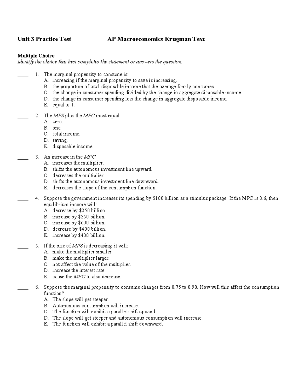 AP Macroeconomics Unit 3 Practice Test - Krugman Text - Studocu