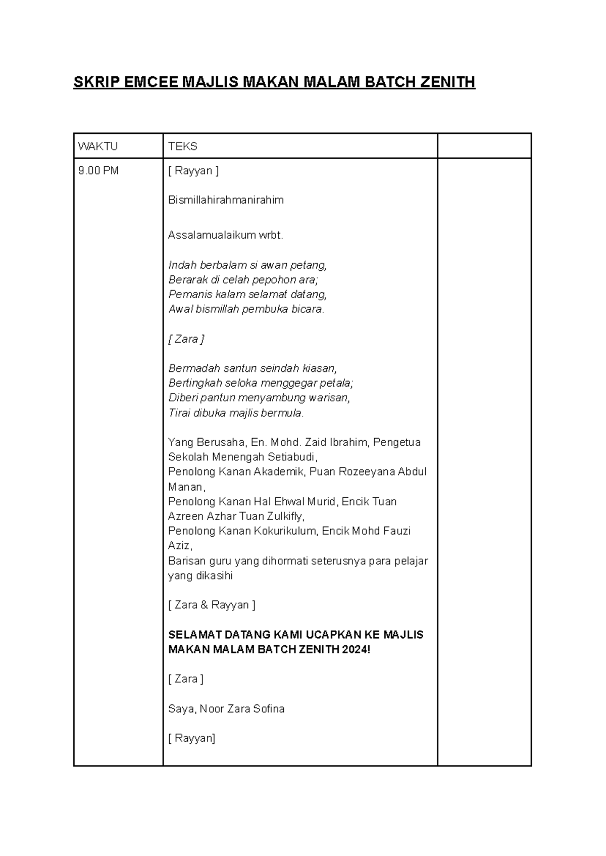 Skrip Emcee Majlis Makan Malam Batch Zenith 2024 - Studocu