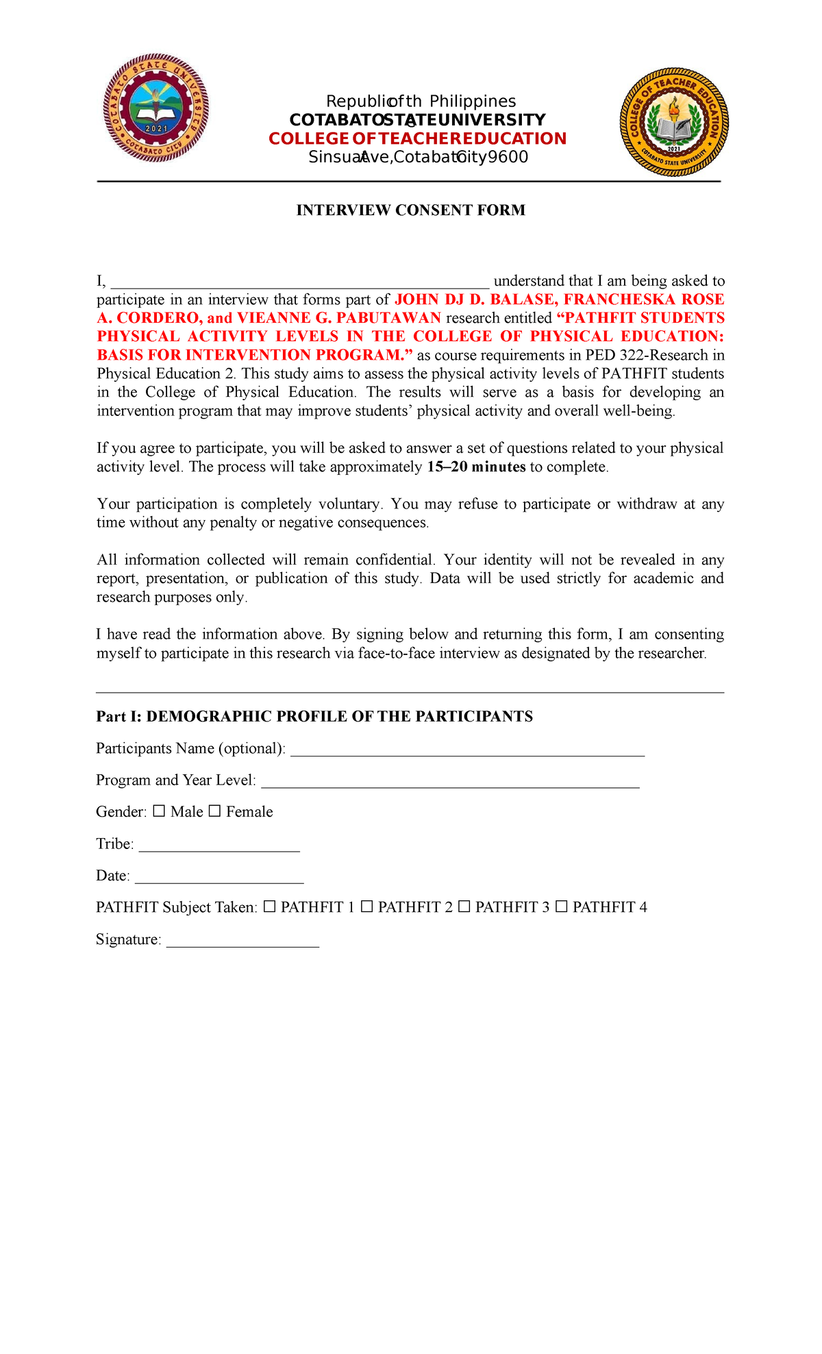 Research QCKM-2: Interview Consent Form for Physical Activity Study ...