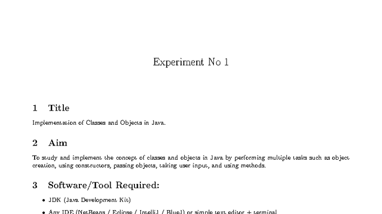 Experiment No 1: Implementation of Classes & Objects in Java - Studocu