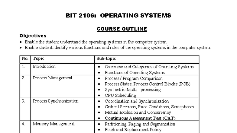 BIT 2106: Comprehensive Overview of Operating Systems - Studocu