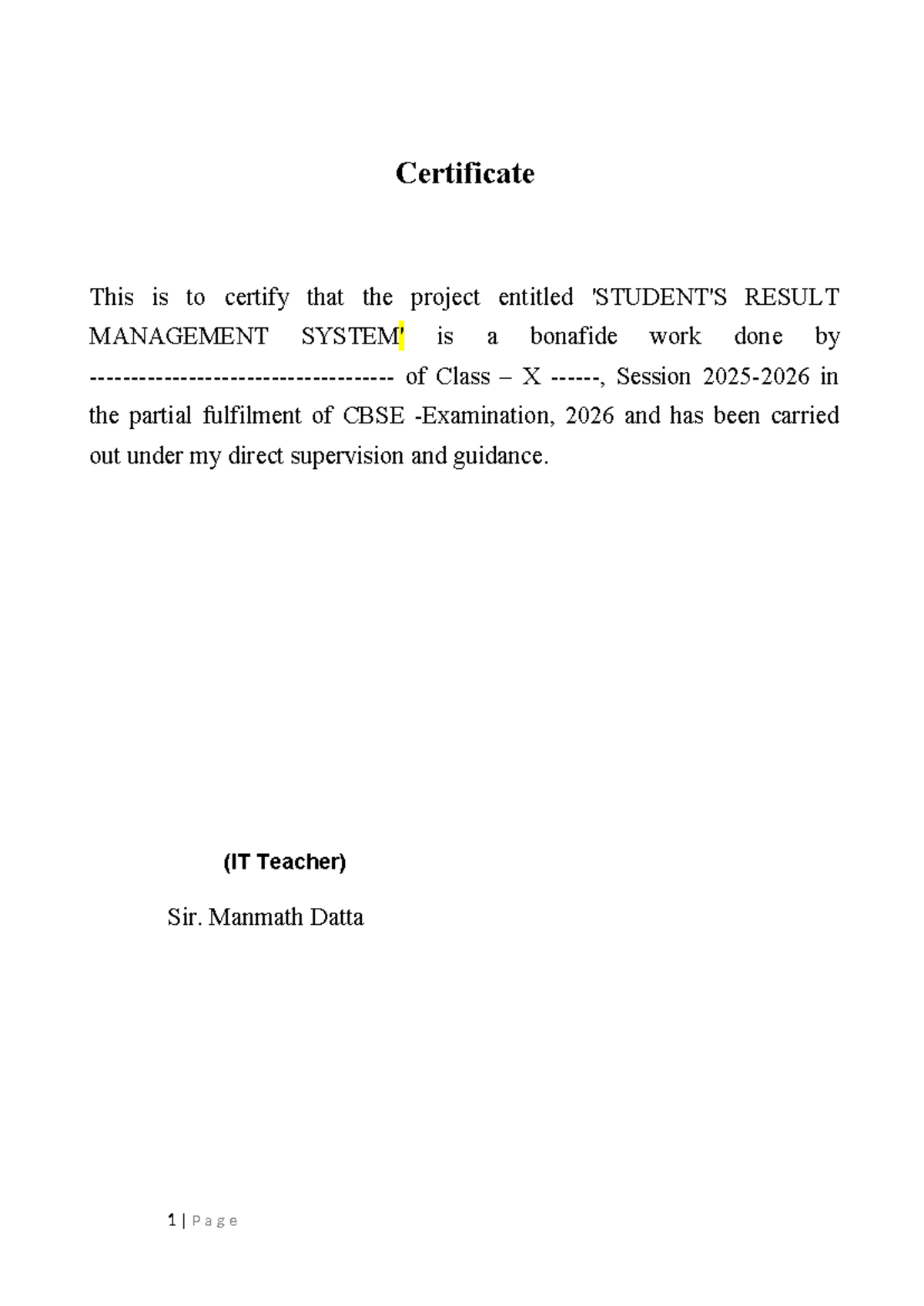 Class X Project: Result Management System (CBSE 2026) - Studocu
