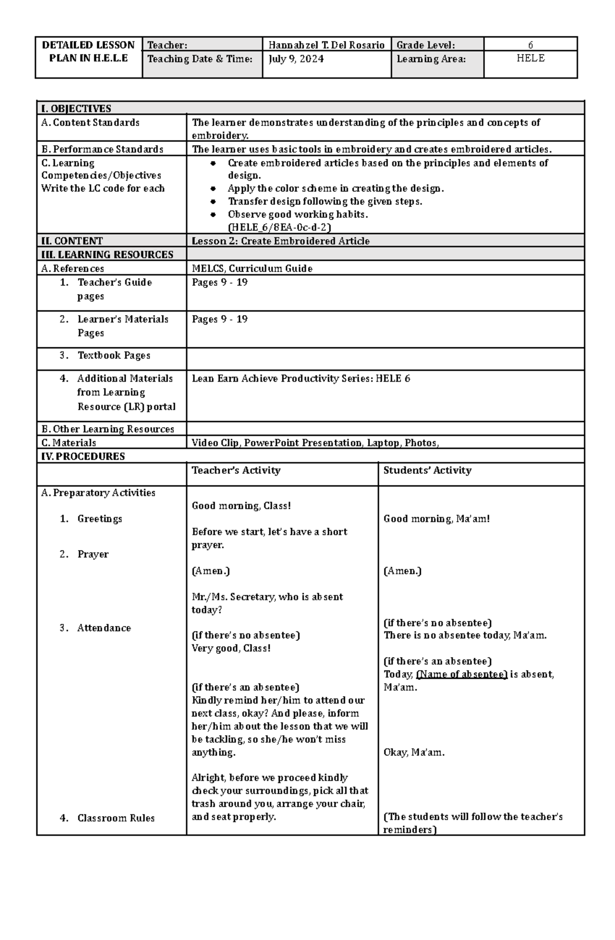 HELE_6 – Detailed Lesson Plan on Embroidery Techniques - Studocu
