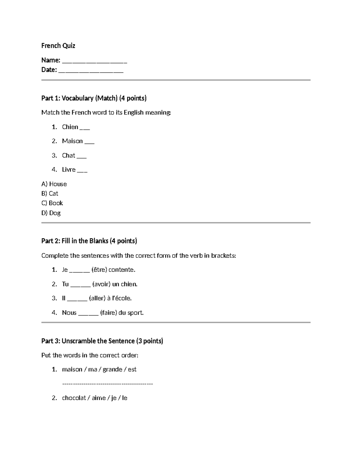 French Quiz - Vocabulary, Fill in Blanks & Unscramble Sentences - Studocu