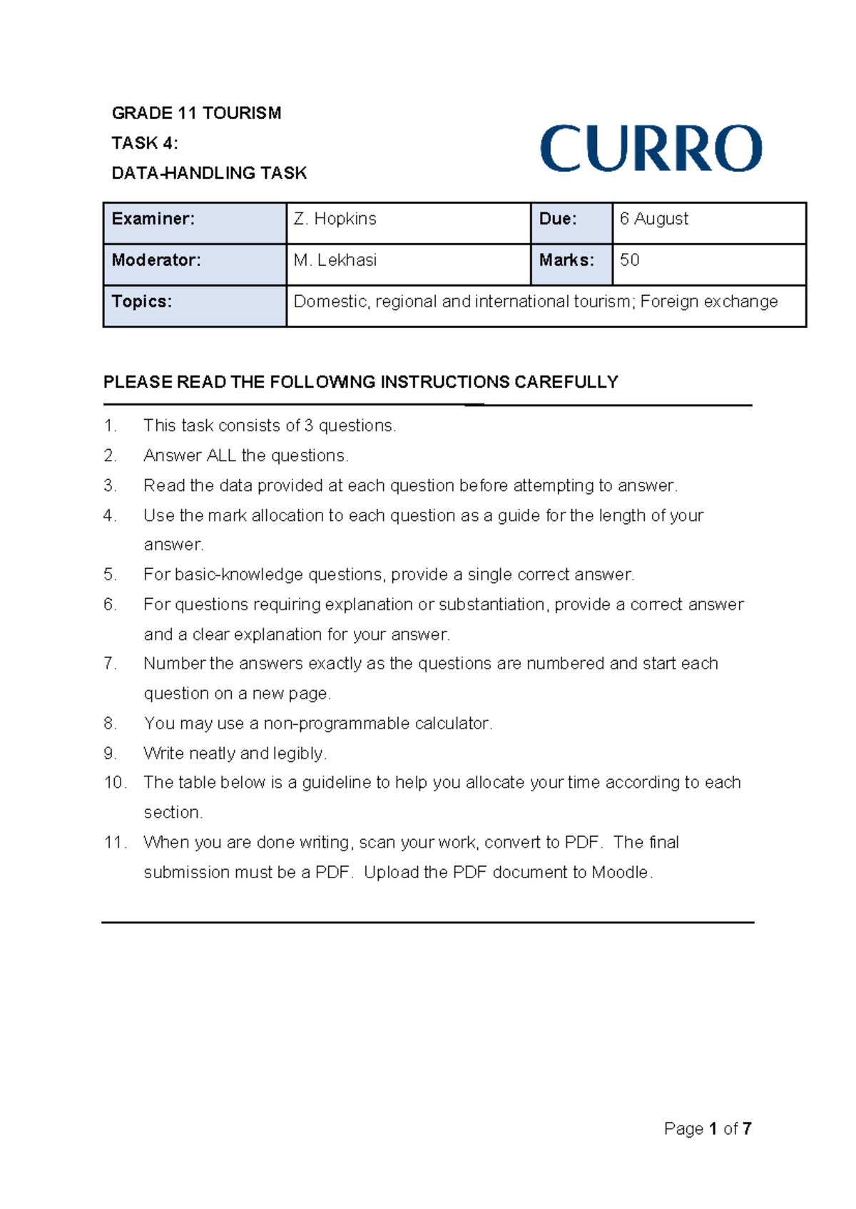 Grade 11 Tourism Task 4: Data-Handling on Tourist Statistics - Studocu