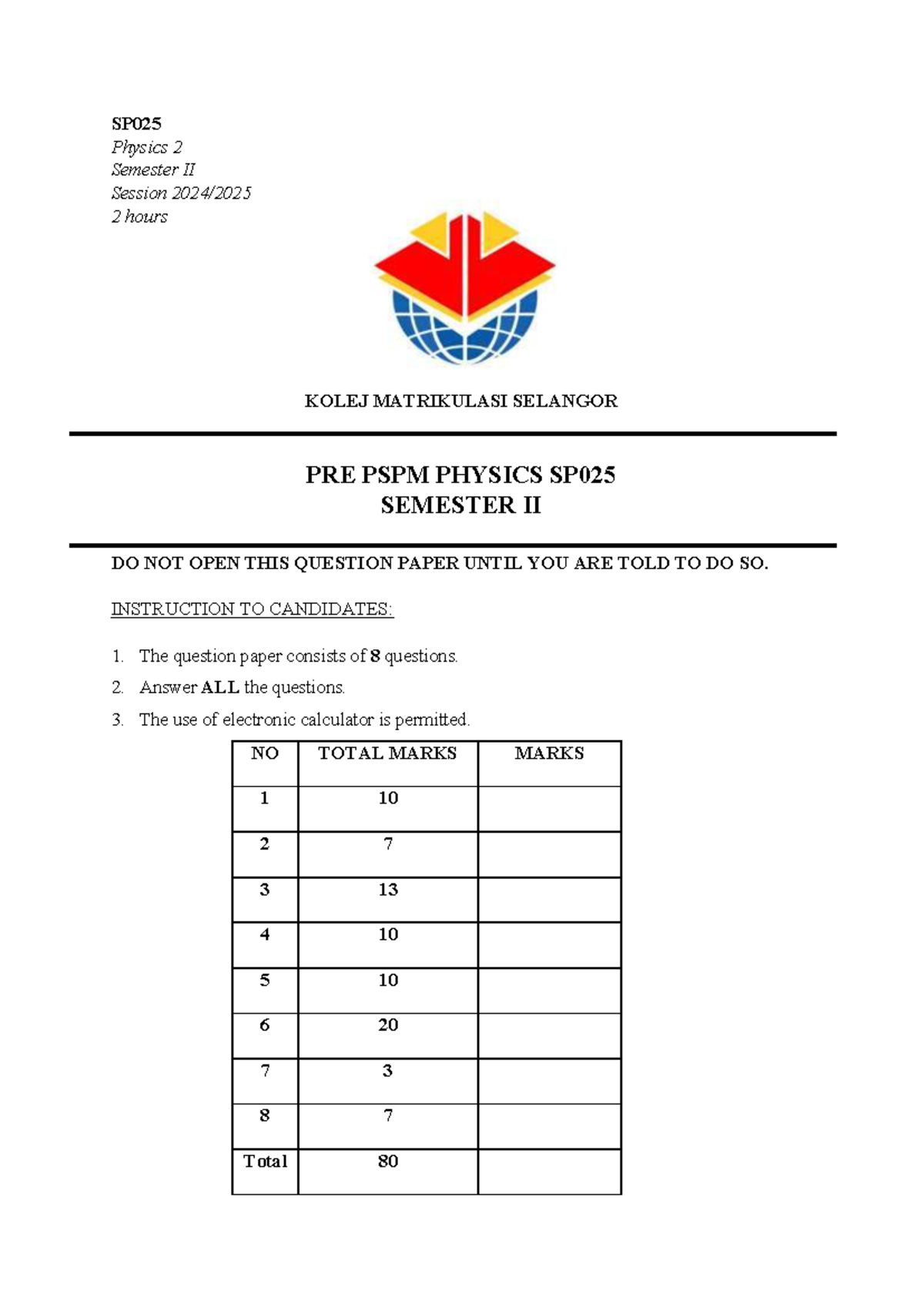 KMS Pre PSPM Physics SP025 Semester II 2024 Question Paper - Studocu
