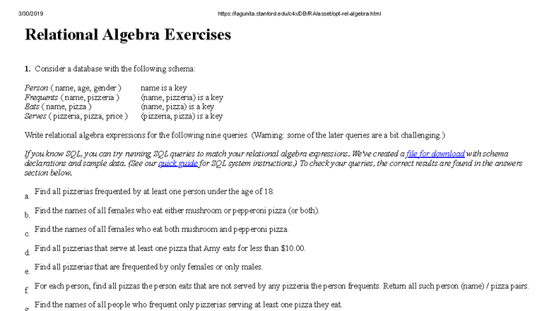 RA Practice Exercises for Relational Algebra (CS101) - Studocu