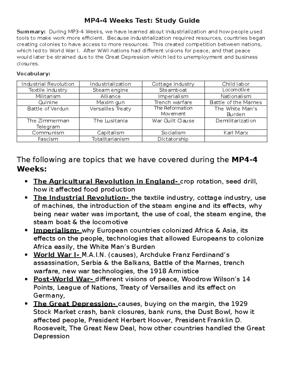 MP4-4 Weeks Test Study Guide: Industrialization, WWI & Great Depression ...