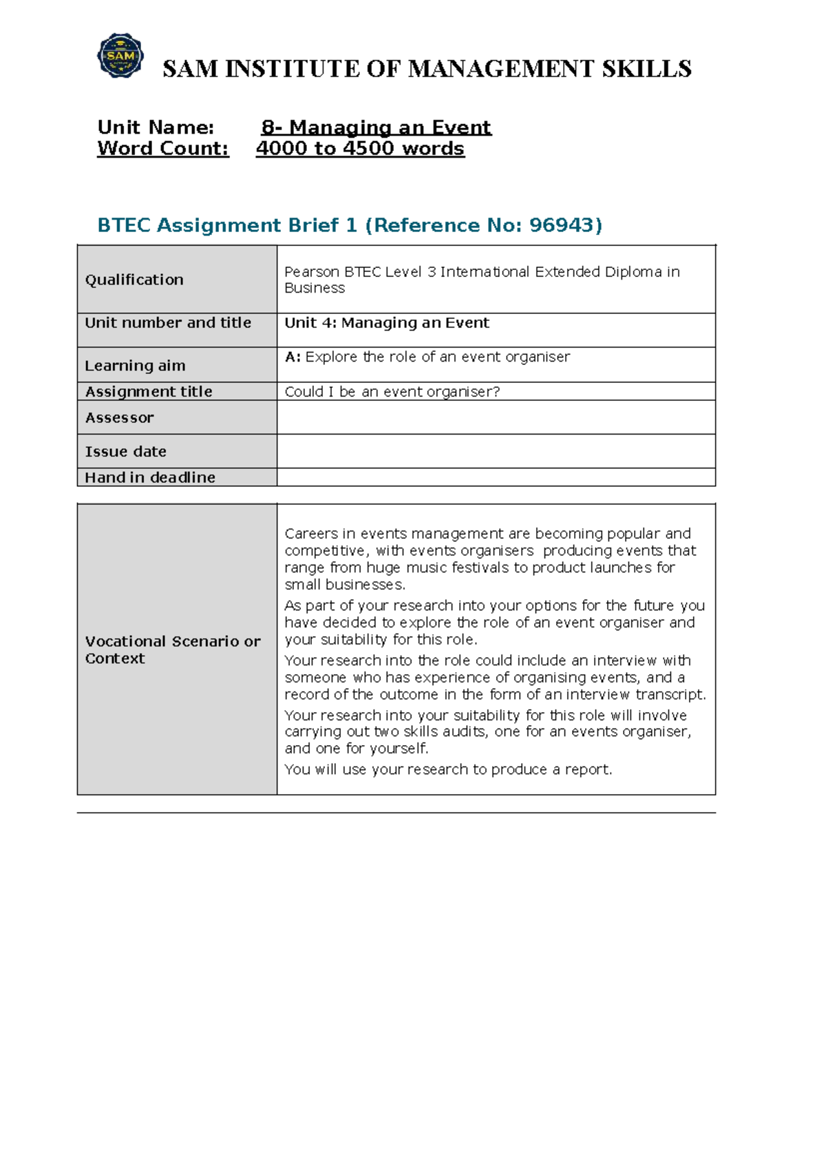 BTEC Level 3 Unit 4: Managing an Event - Exploring Event Organiser ...