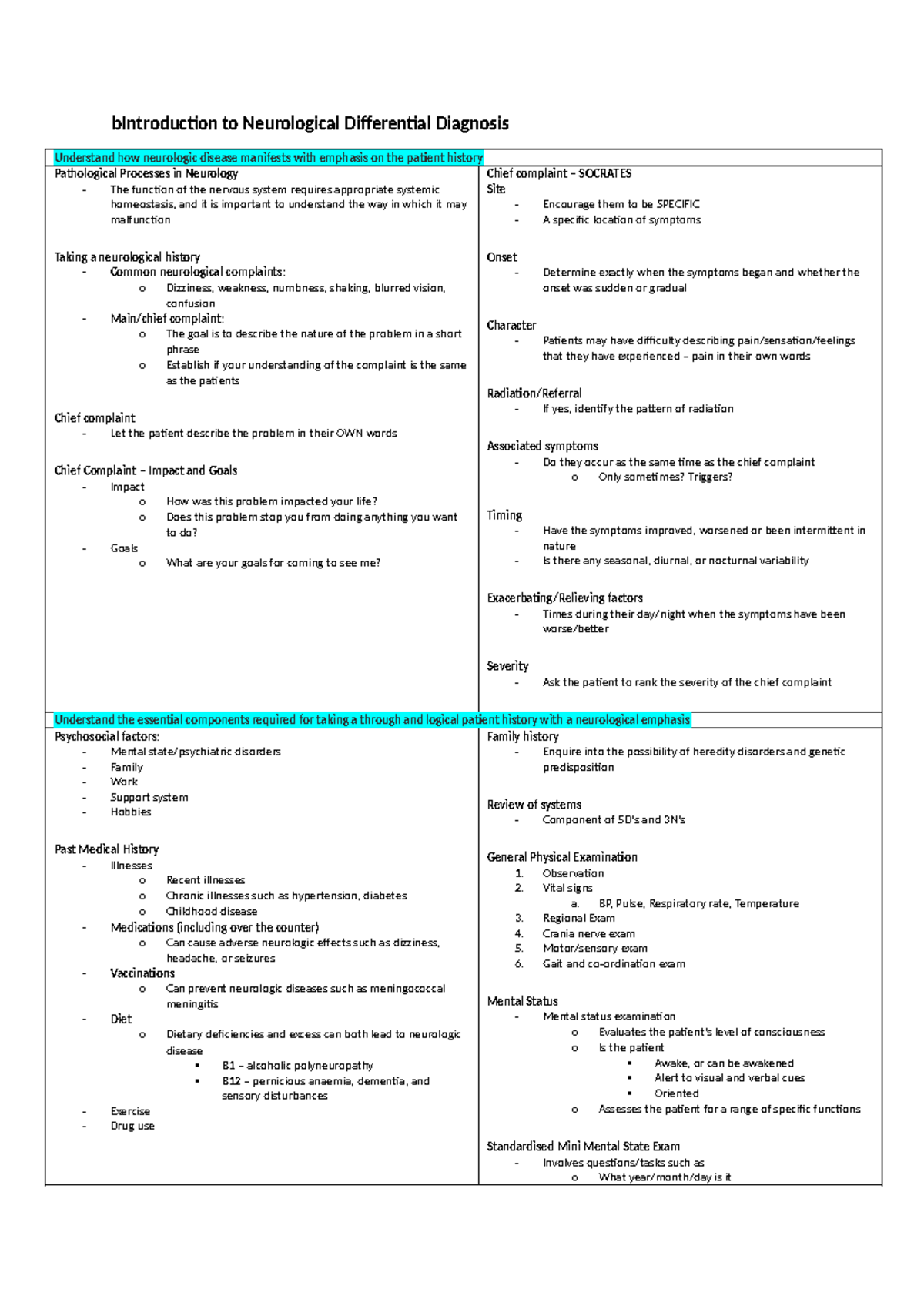 CHI336 Neurological Differential Diagnosis Exam Notes - Studocu