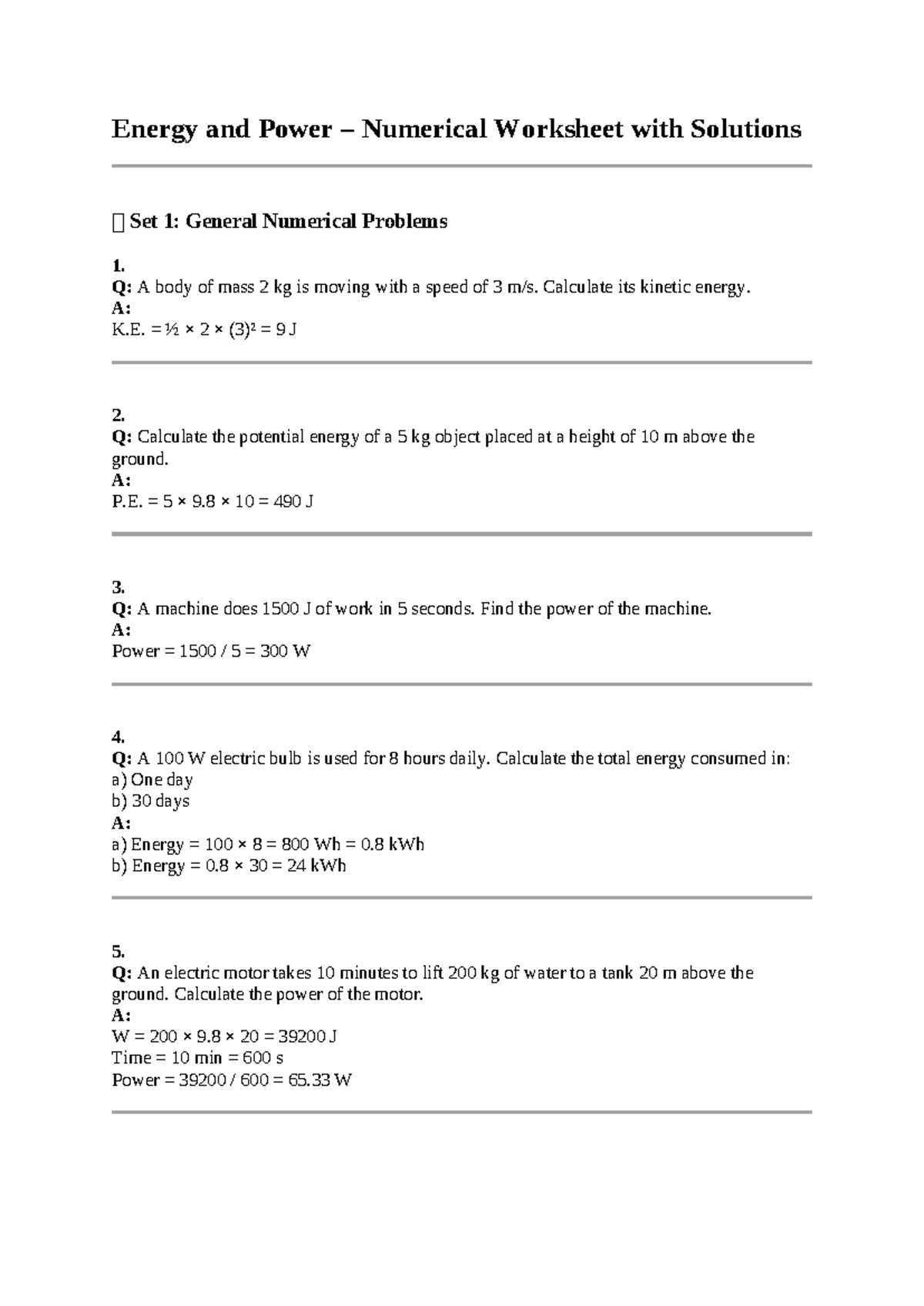ICSE Class 8 Physics: Energy & Power Numerical Worksheet Set 1 - Studocu