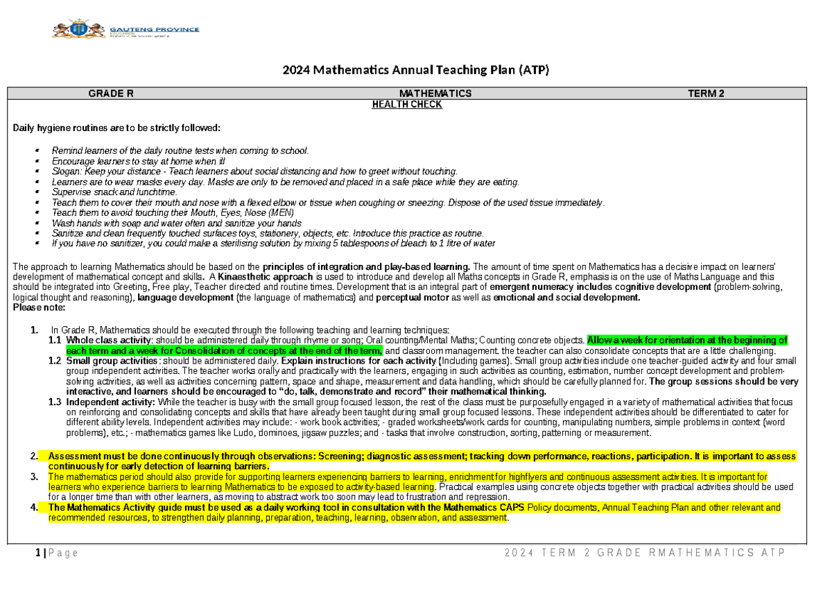 GRADE R MATH: 2024 Annual Teaching Plan for Term 2 Activities - Studocu