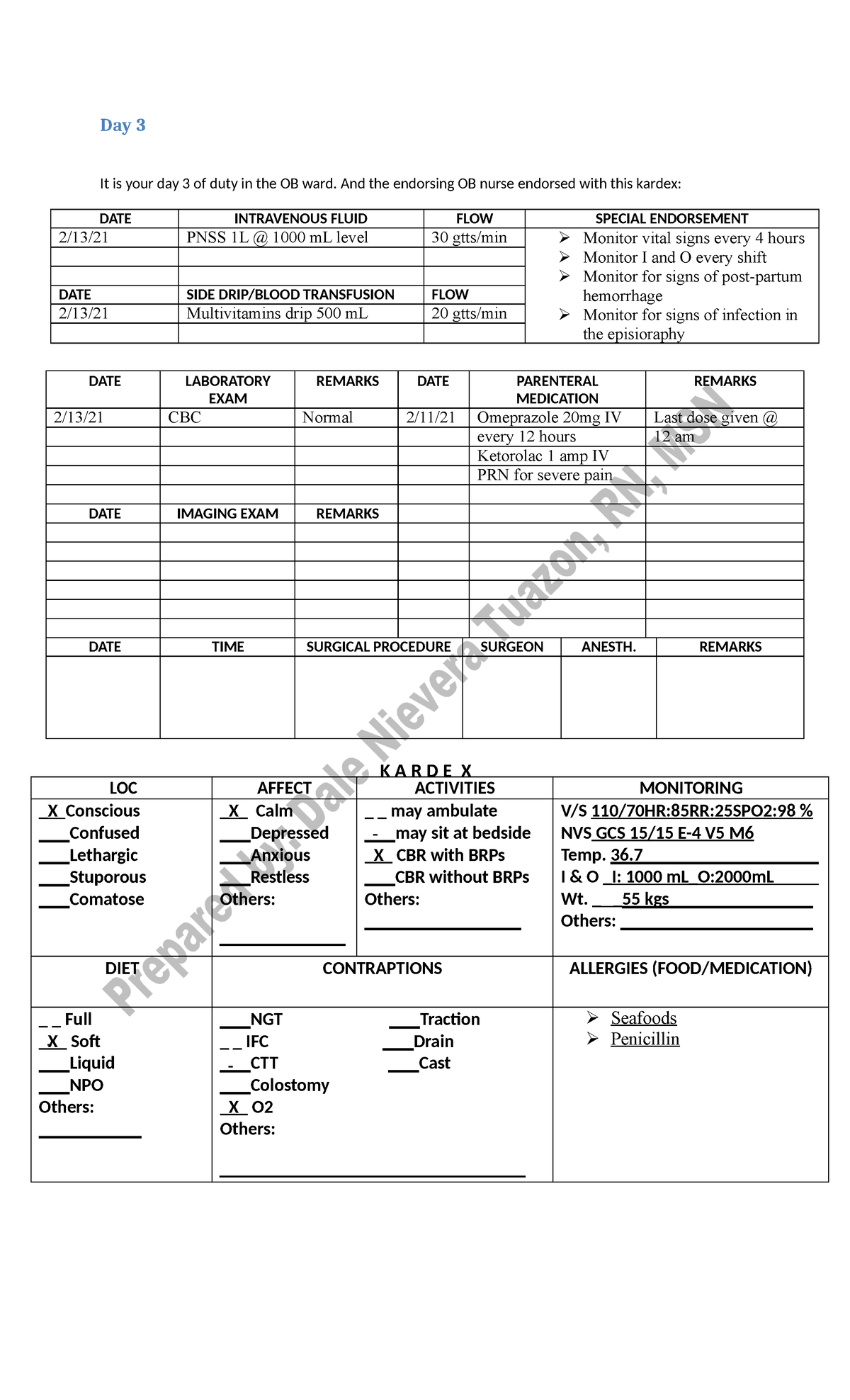 Day 3 case study - K A R D E X Day 3 It is your day 3 of duty in the OB ...