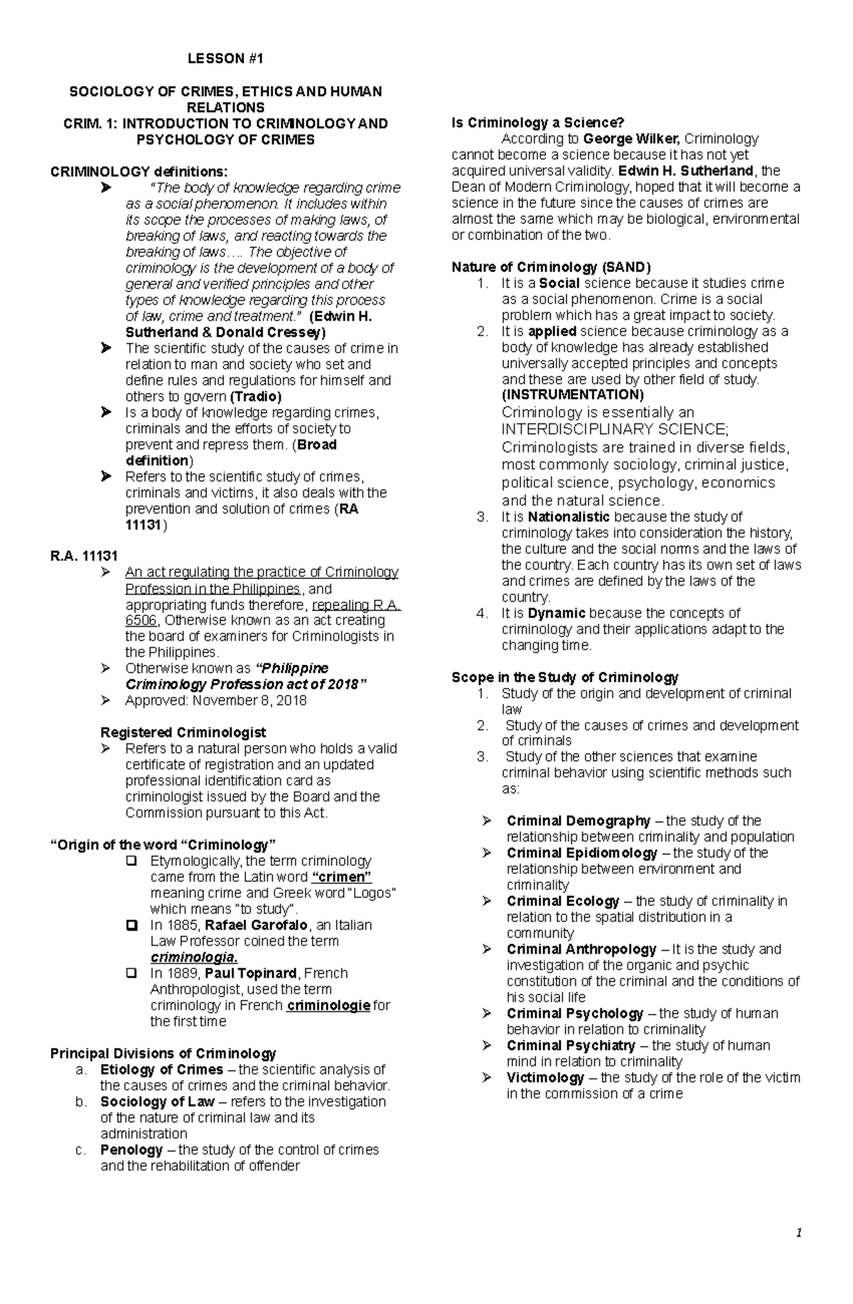 CRIM 1: Intro to Criminology - Lesson Notes 1 to 5 Summary - Studocu