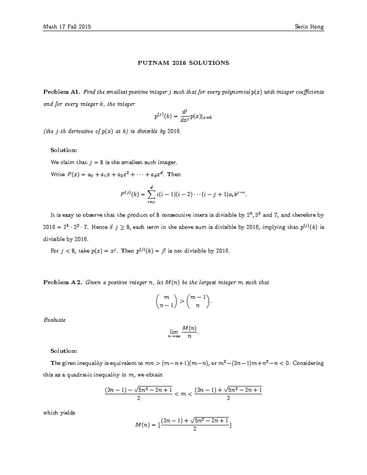 Putnam 2016 Solutions - Detailed Problem Explanations - Studocu