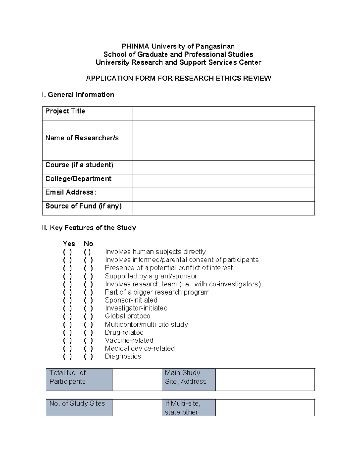 PHINMA University Research Ethics Review Application Form - Studocu