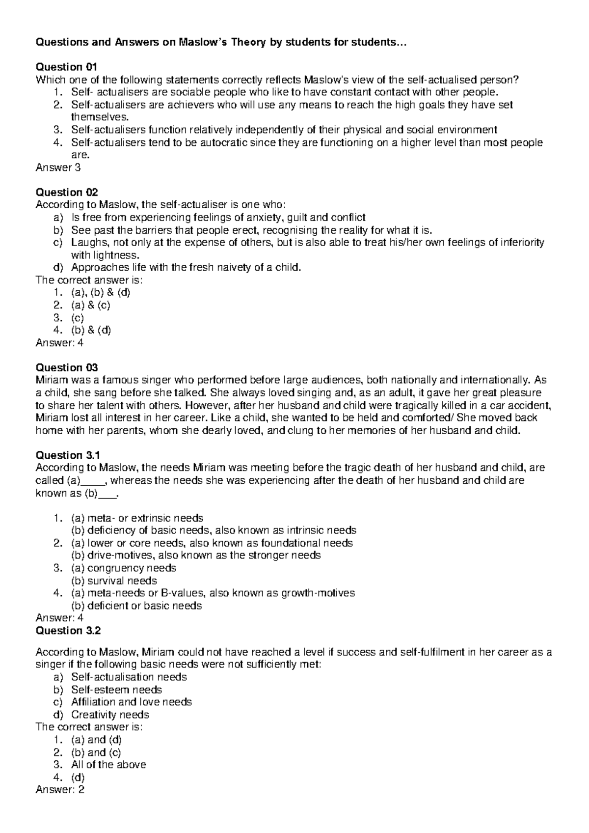 Exam Questions on Maslow's Theory with Comprehensive Answers - Studocu