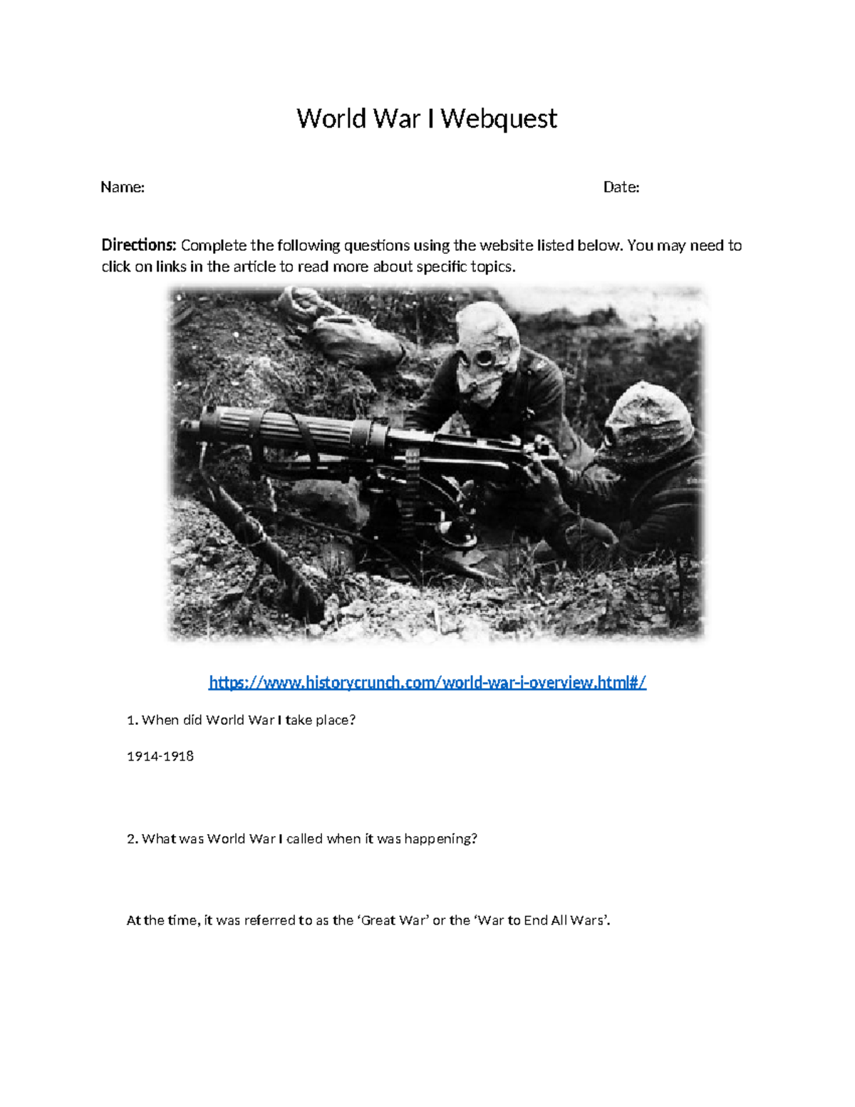 Haley Brookter - Intro to World War I Webquest - World War I Webquest ...