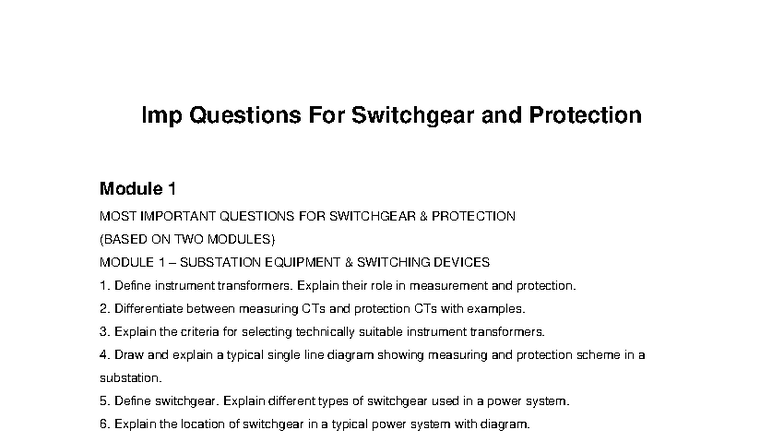 Important Questions For Switchgear Protection Module 1 2 Studocu