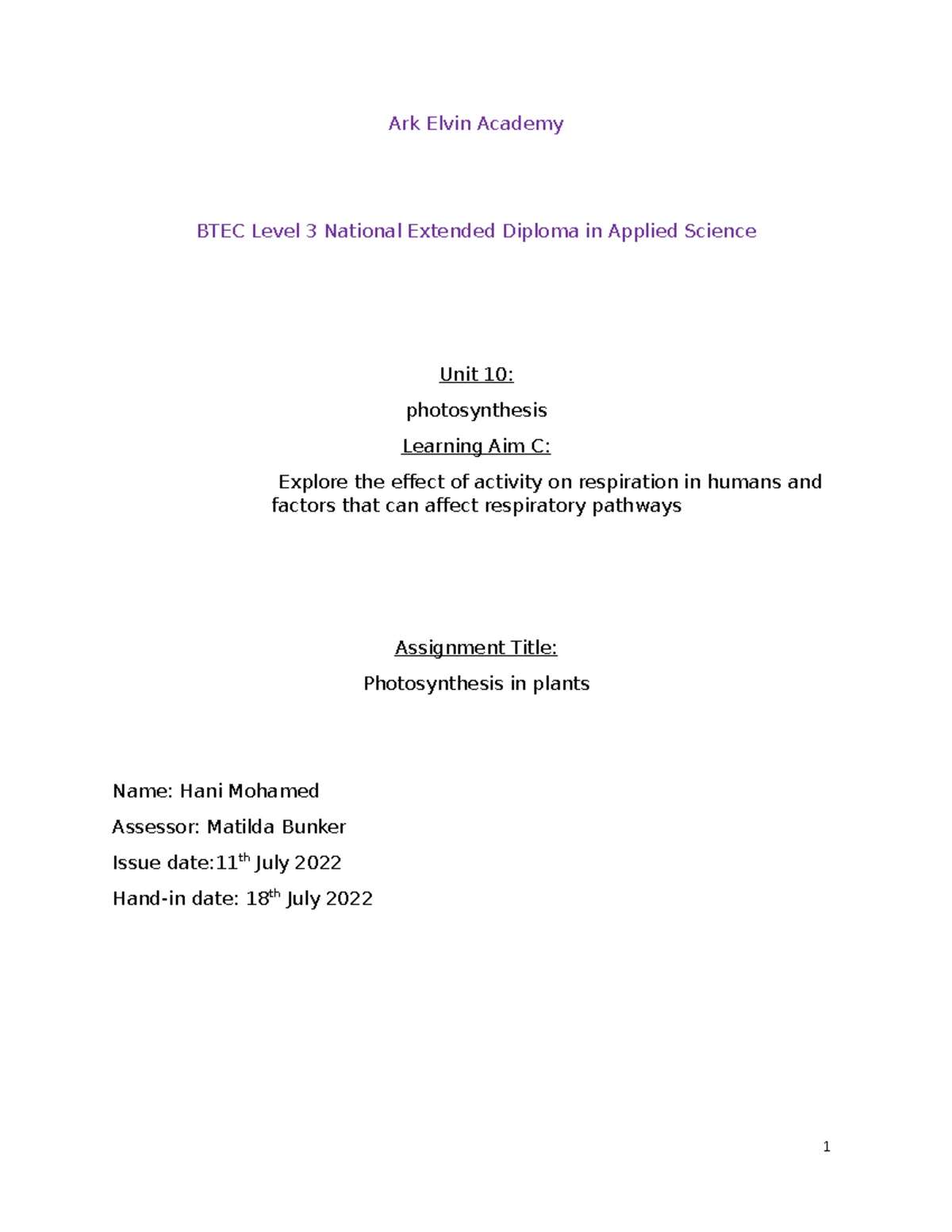 10A - Applied Science Unit 10A Unit 10: Biological Molecules and ...