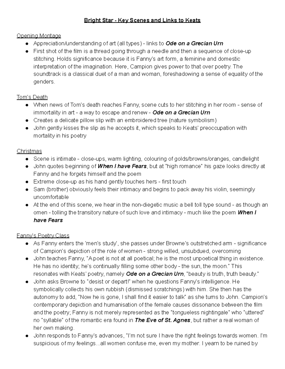 "Key Scenes and Literary Links in 'Bright Star' - English Advanced HSC ...