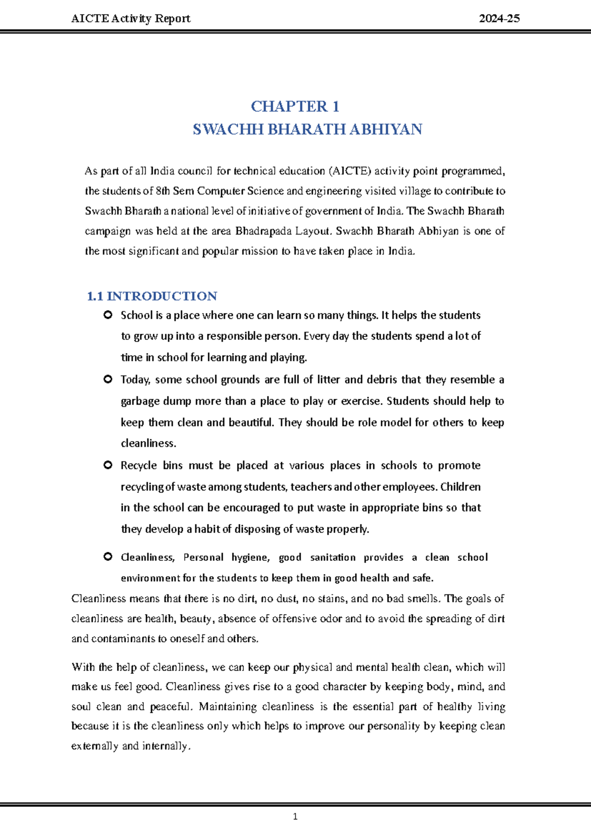 AICTE Activity Report: Chapter 1 - Swachh Bharat Abhiyan Initiatives ...