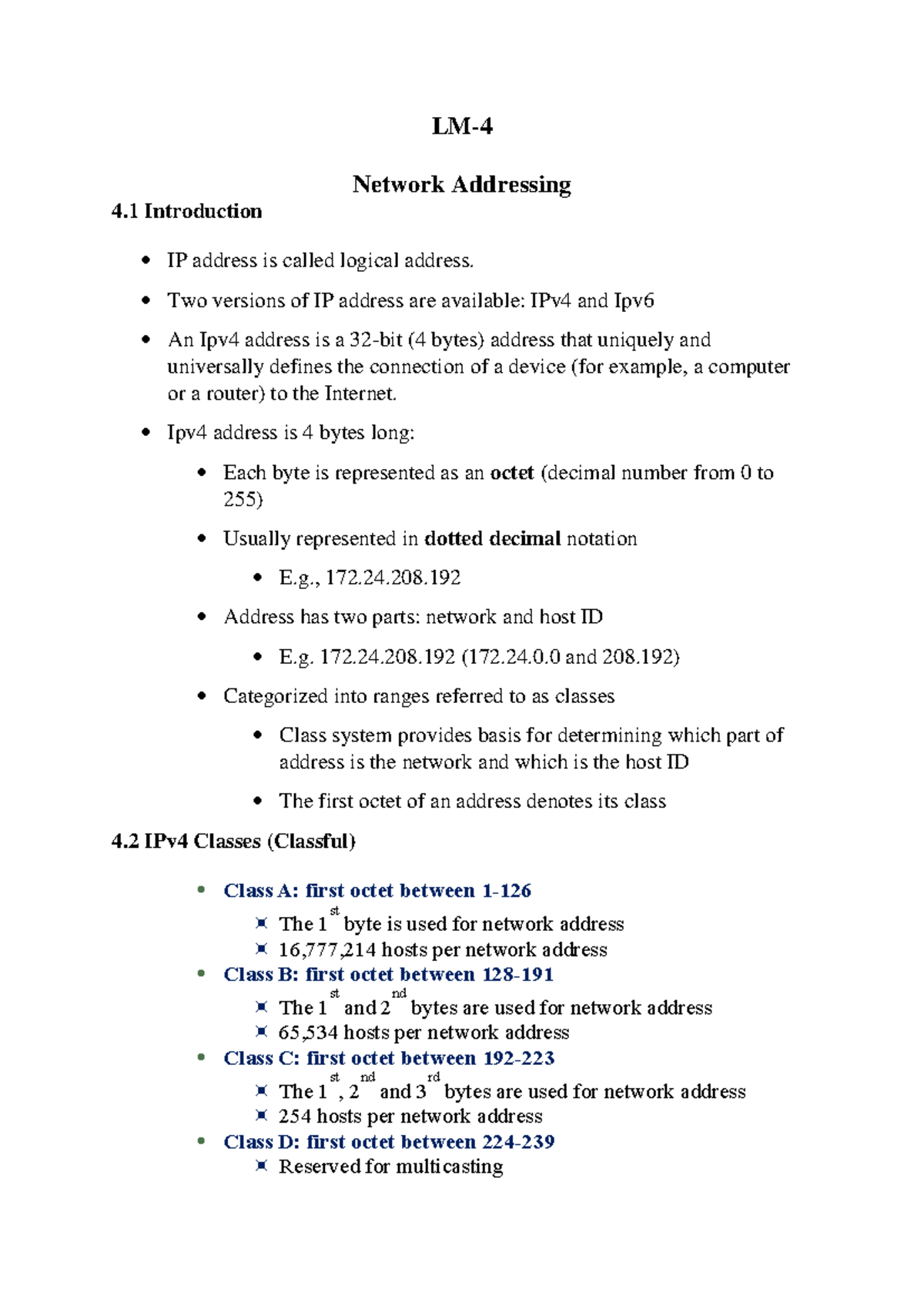 LM-4 Network Addressing: Understanding IPv4 and IPv6 Concepts - Studocu