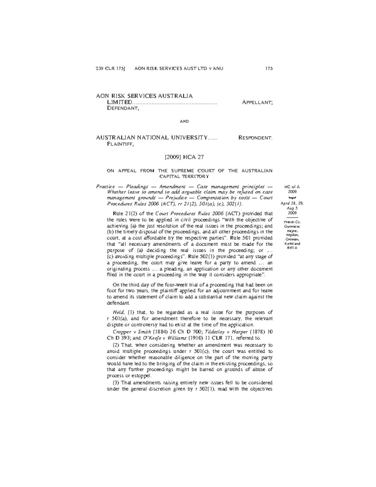239 CLR AON RISK SERVICES AUST LTD V ANU: Case Management & Amendments ...