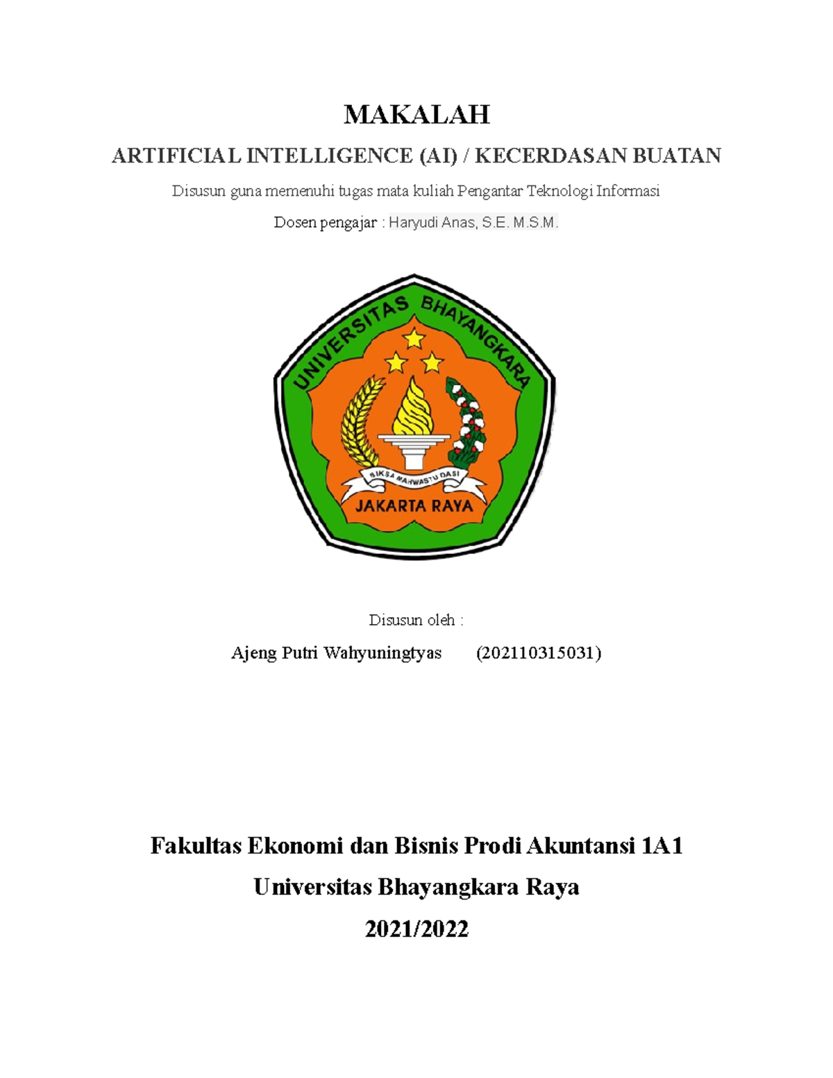 Makalah Pengantar Teknologi Informasi: Kecerdasan Buatan (AI) - Studocu