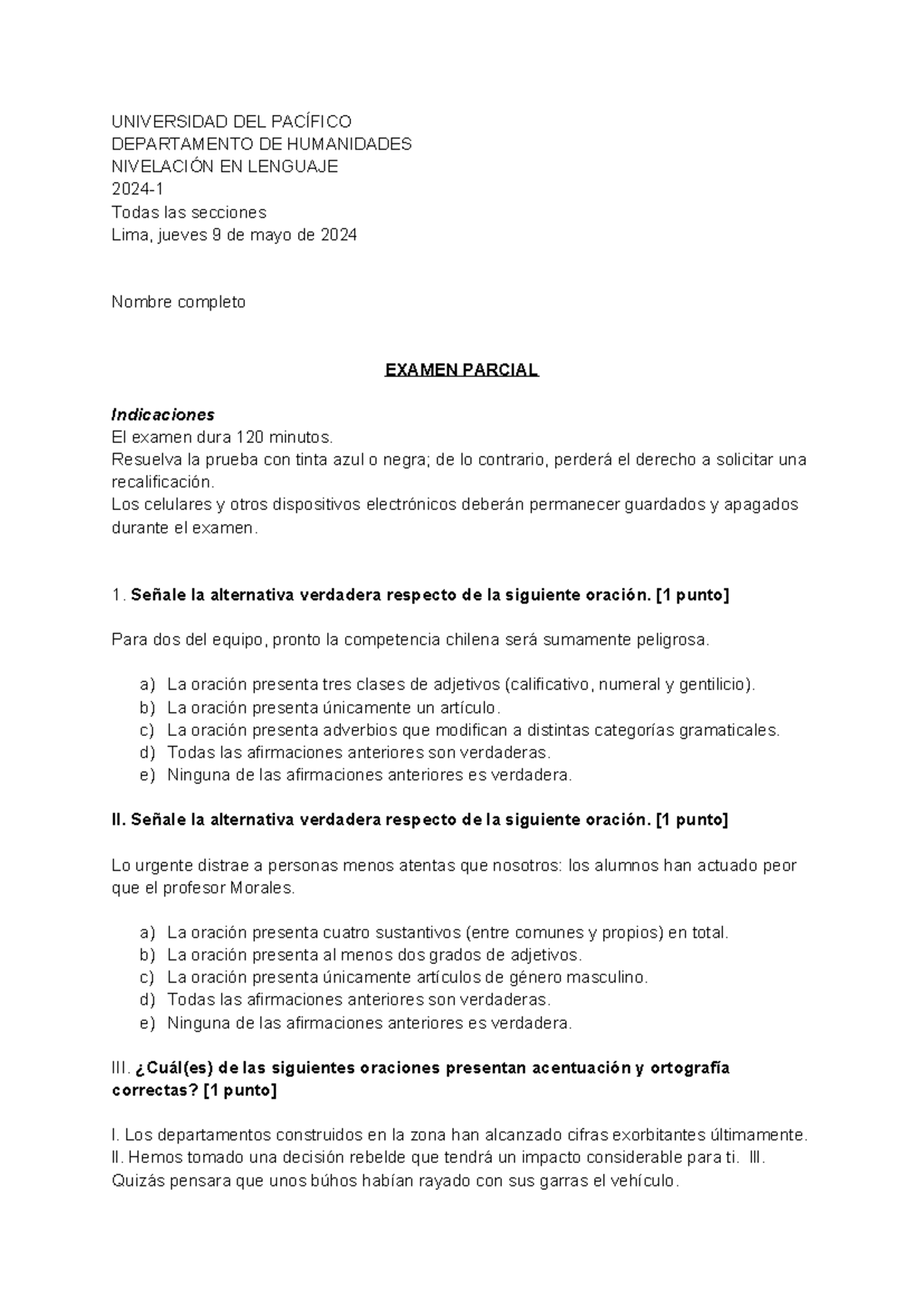 Examen Parcial de Lenguaje 2024-1 - Universidad del Pacífico - Studocu