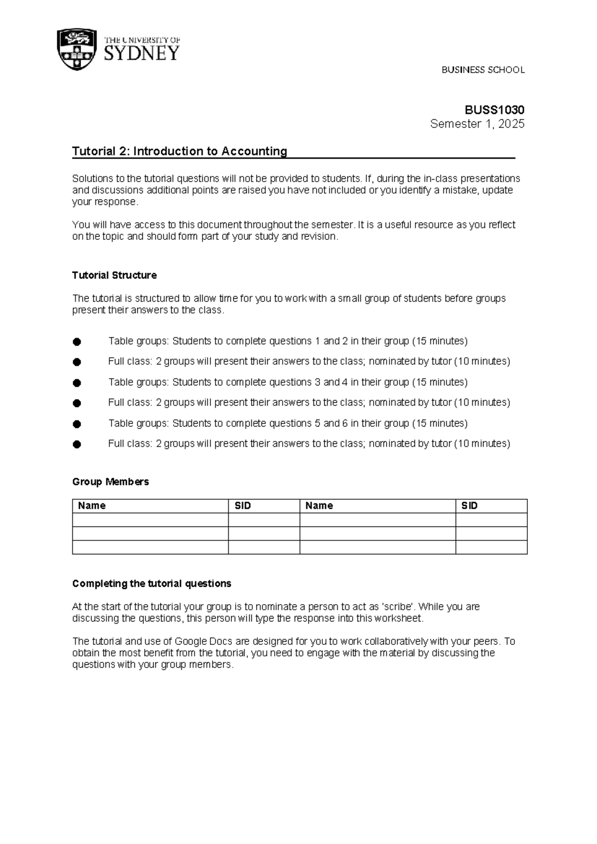 BUSS1030 Semester 1, 2025 Tutorial 2: Intro to Accounting Guide - Studocu