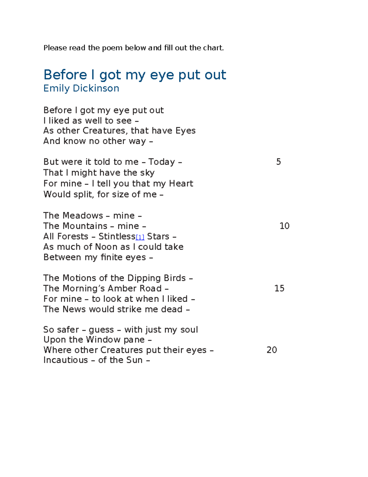 Emily Dickinson Poem Analysis: "Before I Got My Eye Put Out" - Studocu
