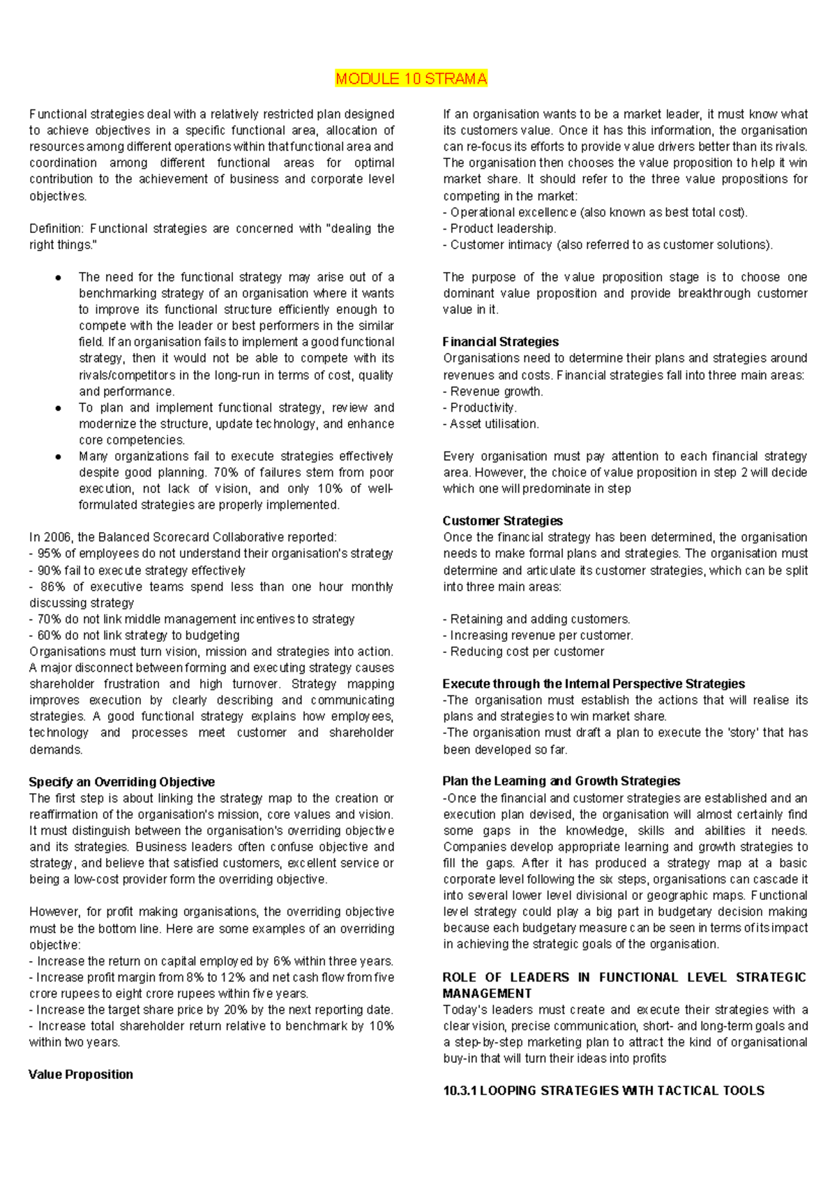 MODULE 10 STRAMA: Functional Strategies for Business Success - Studocu