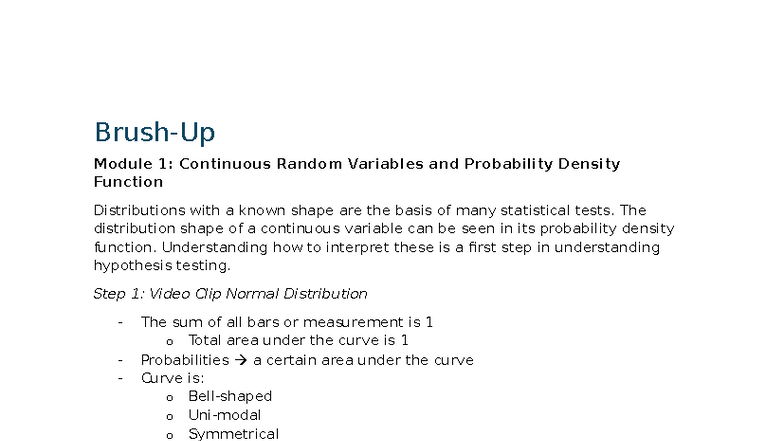 Module 1: Continuous Random Variables & Probability Density Functions ...