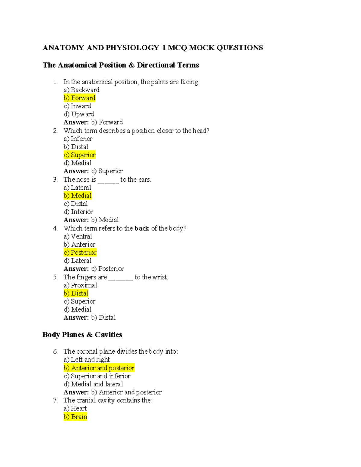 Anatomy and Physiology 1 MCQ Mock Questions Review Notes - Studocu